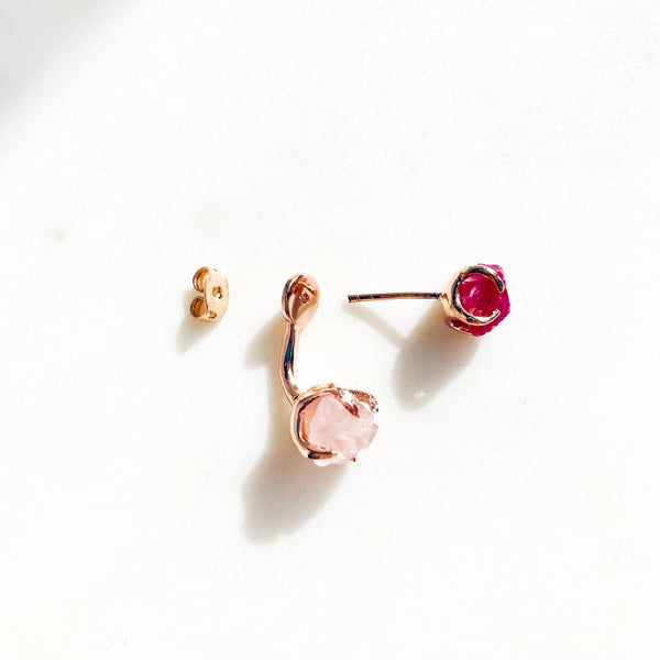 Raw Ruby & Rose Quartz Dual Stud Earrings in Rose Gold - Crystal Of A Kind